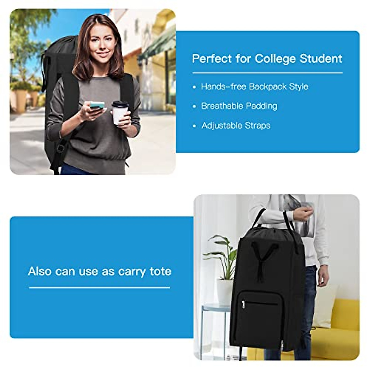 Laundry Backpack Bag, Bukere Extra Large 2 in 1 Laundry Hamper Basket for College Students Dorm Essentials, Adjustable Shoulder Straps, Freestanding Laundry Bag for Apartment, Laundromat, Travel