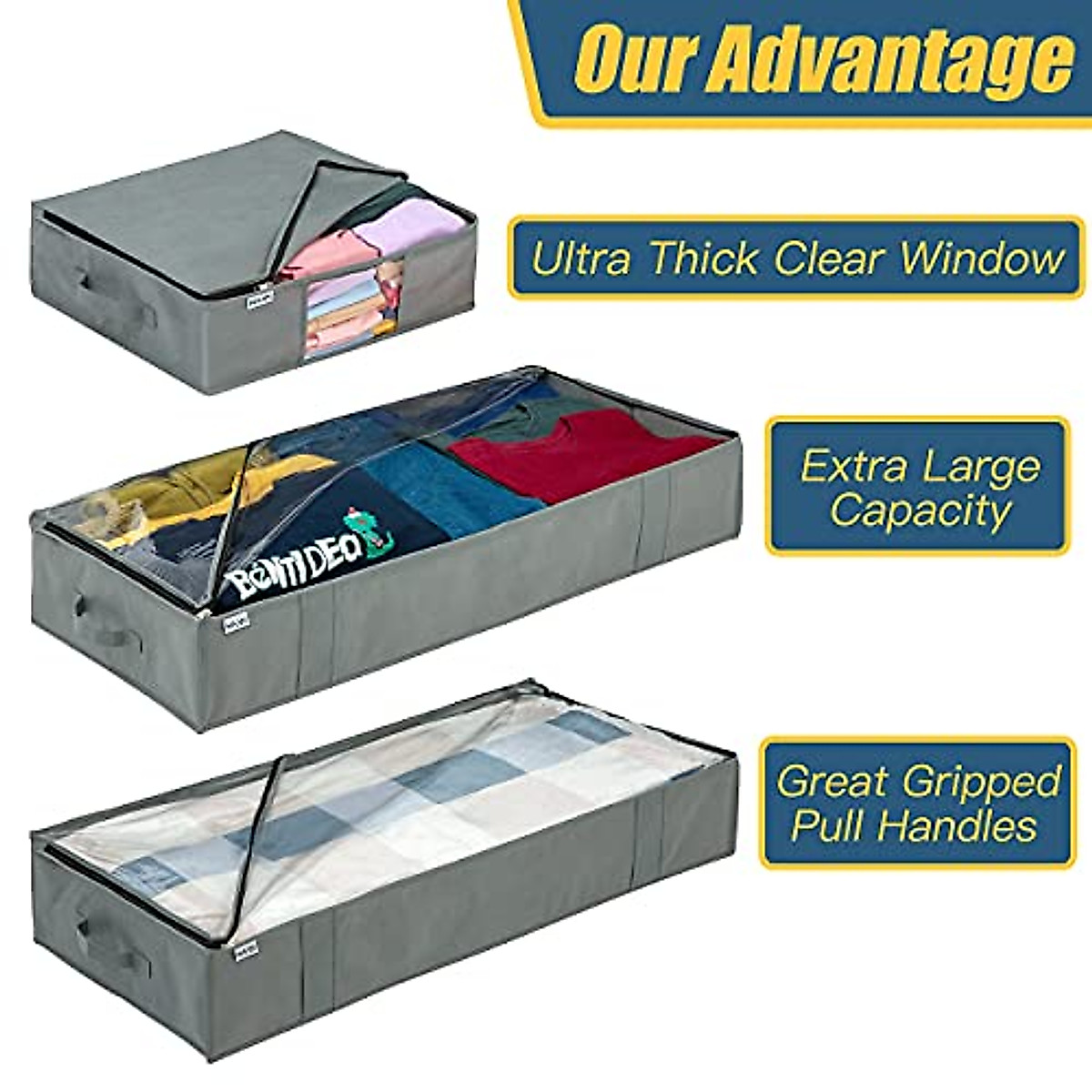 MAAN Underbed Storage Bag Organizer 3 Pack Large Capacity Storage Container with Strong Reinforced Handles, Store Blankets, Clear Window, Seasonal Clothing Comforters, Linen, Bedding (Grey)