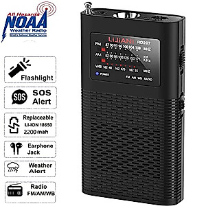 NOAA Weather Radio Portable AM FM Transistor auto Alert Battery Operated by1500MAH Battery with Strong Flashlight Emergency SOS Alarm Ultra-Long Antenna Best Reception