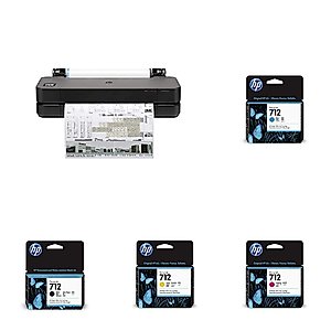 HP DesignJet T210 Large Format Compact Wireless Plotter Printer - 24" (8AG32A), with Standard Genuine Ink Cartridges (4 Inks) - Bundle