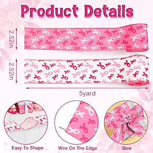 Threetols 2 Rolls 10 Yards Breast Cancer Awareness Wired Edge Ribbons, 2.5inch Pink White Awareness Ribbon, Breast Cancer Ribbon for Breast Cancer Awareness Women Activities Wreath Bow Decor