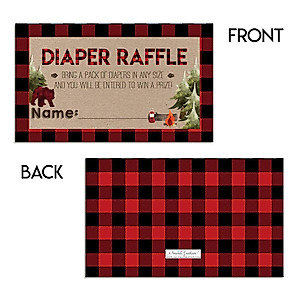 Amanda Creation Oh Boy! Outdoorsy Red and Black Plaid Lumberjack Diaper Raffle Tickets for Boy Baby Showers, 20 2" X 3” Double Sided Inserts, Bring a Pack of Diapers to Win Favors & P