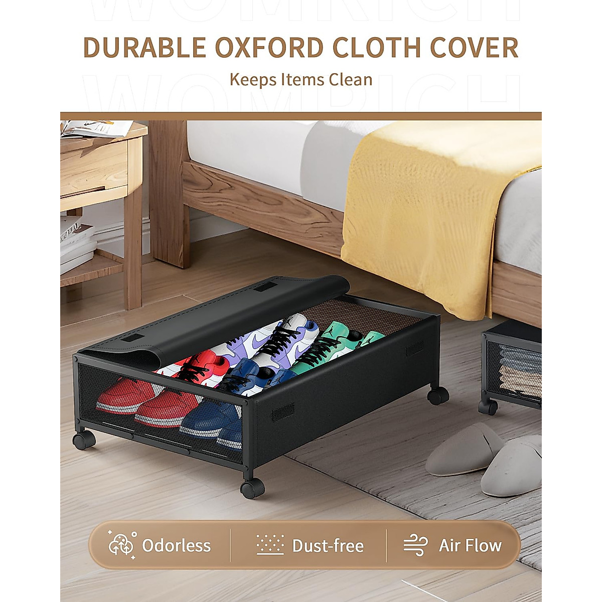 WOMRICH Under Bed Storage Containers with Wheels, Under Bed Shoe Storage, Under the Bed Storage Drawers Bins, Extra Large Under Bed Rolling Storage Organizer for Bedroom, 2 Packs Black