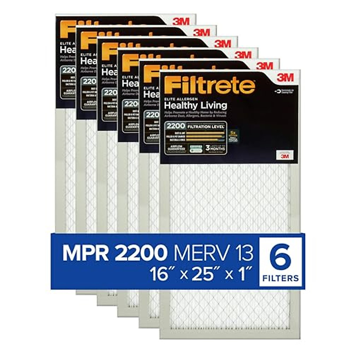 Filtrete 16x25x1 AC Furnace Air Filter, MERV 13, MPR 2200, Elite Allergen, Bacteria & Virus Filter, 3-Month Pleated 1-Inch Electrostatic Air Cleaning Filter, 6-Pack (Actual Size 15.69x24.69x0.78 in)