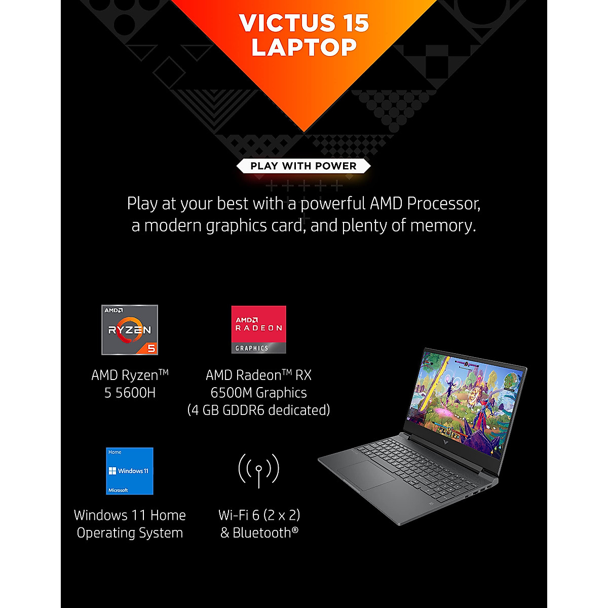 HP Victus 15 Gaming Laptop, AMD Radeon RX 6500M Graphics, AMD Ryzen 5 5600H, 8 GB RAM, 512 GB SSD, Full HD Display, Windows 11 Home, Backlit Keyboard, Enhanced Thermals (15-fb0010nr, 2022)