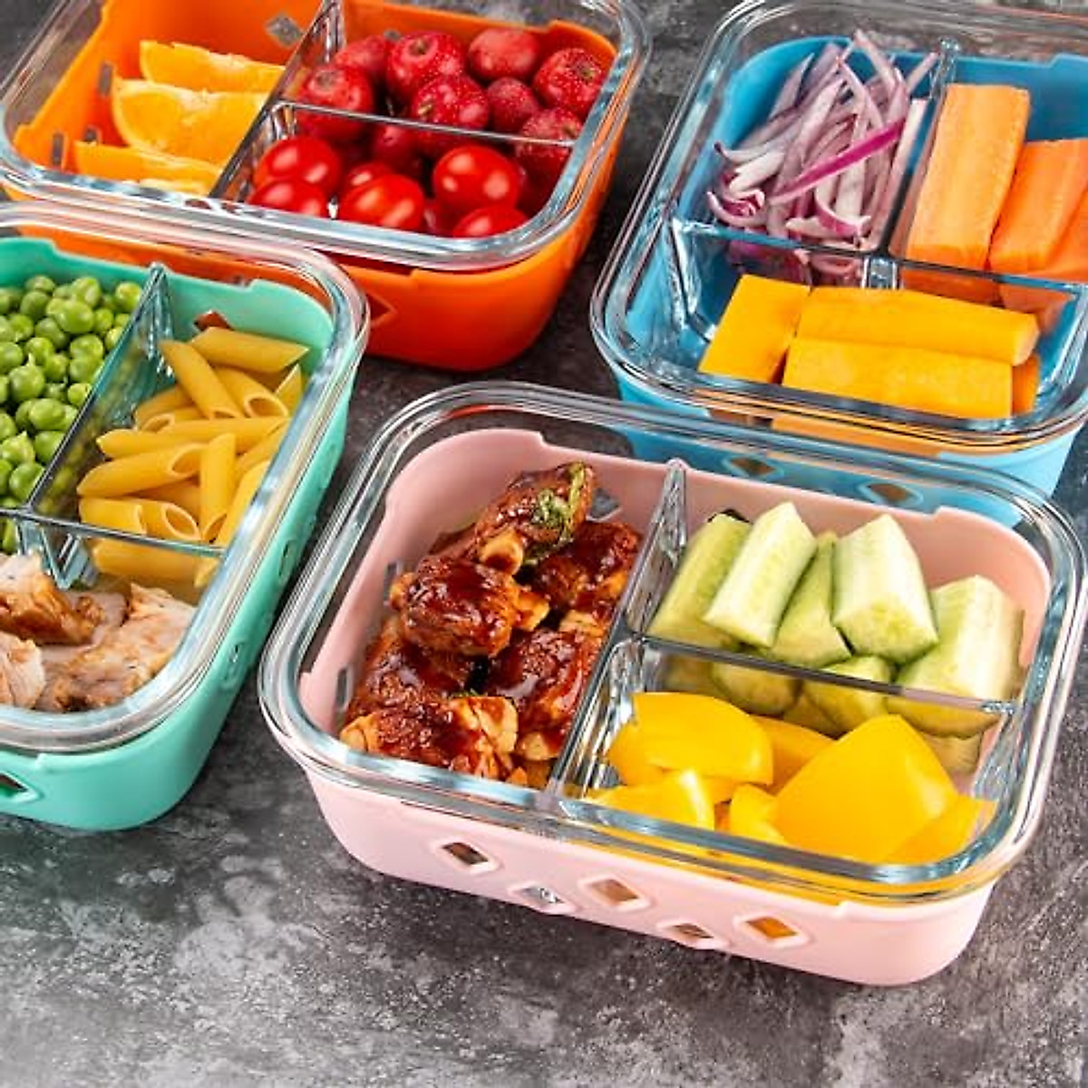 CYUFU 5 Packs 30oz Glass Meal Prep Containers, Glass Food Storage Containers with Lids, Airtight Glass Bento Boxes, Oven, Freezer and Dishwasher Safe (2 Compartments with silicone sleeves)