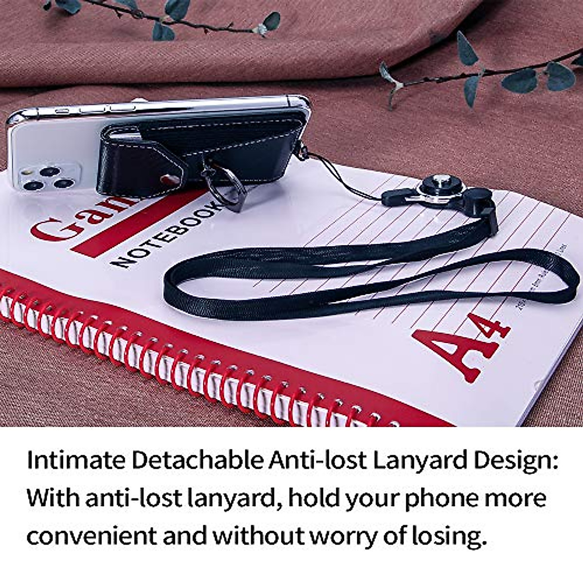 YUNCE Cell Phone Card Holder,Card Holder for Back of Cell Phone with Ring Grip Stand,Adhesive Stick-on Credit Card Wallet Pocket with Detachable Neck Strap Black