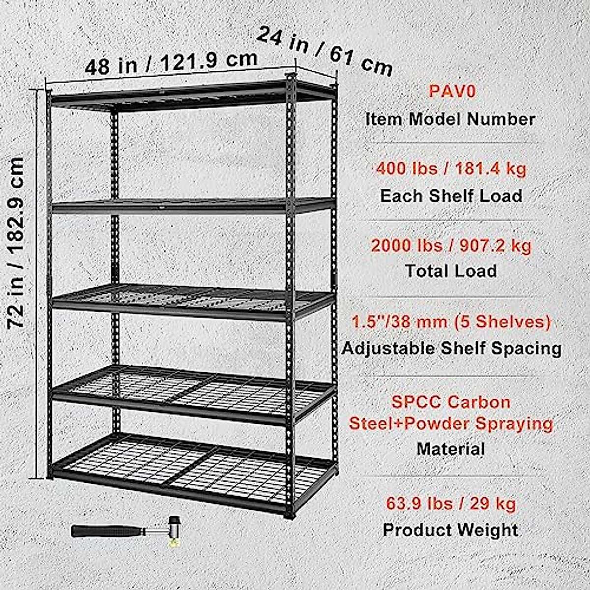 VEVOR Storage Shelving Unit, 5-Tier Adjustable Storage Shelves, 48" L x 24" W x 72" H Heavy Duty Garage Storage Shelves, Metal Shelves for Kitchen Pantry Basement Bathroom Laundry