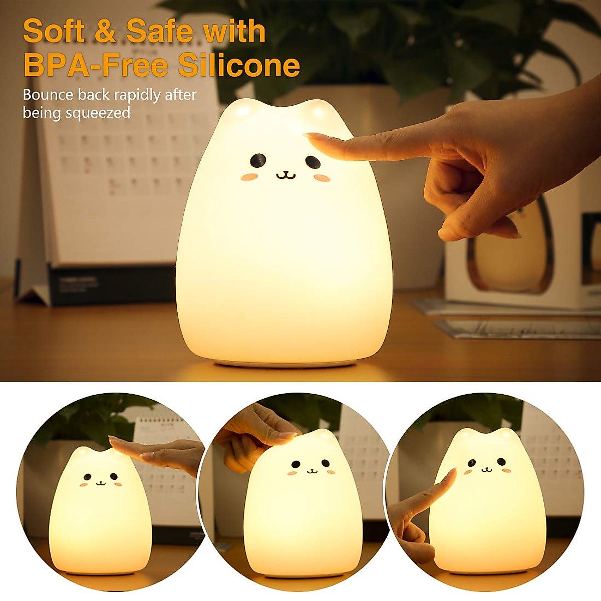 MOKOQI Cat Tap Night Light,Toys for 2-14 Years Old Boys Girls, Cute Cat Lamp Silicone Baby Nightlight for Bedroom,Tap Control Glow up Color Changing Kawaii Animal Lamp