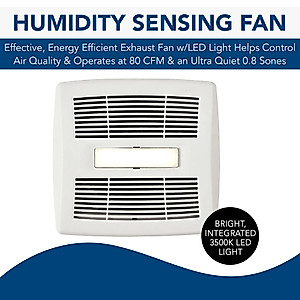 Broan-NuTone AE80SL Invent ENERGY STAR Certified Humidity Sensing Fan with LED Light, 80 CFM 0.8 Sones, White, 75 Sq Ft Rooms