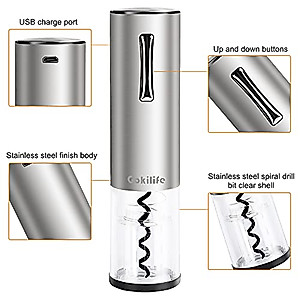 Gokilife Electric Wine Opener, Automatic Rechargeable Wine Bottle Corkscrew Opener with Foil Cutter, One-click Button Wine Bottle Openers with LED Light for Home Party Restaurant (Silver01)