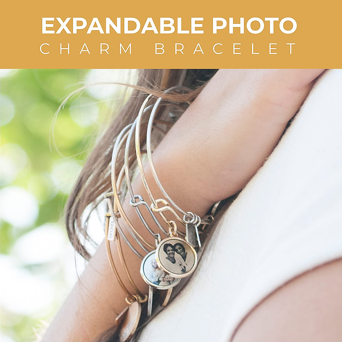 PicturesOnGold.com Expandable Picture Bracelet With Personalized Photo - One Size Fits All Personalized Photo Engraved Circle Bracelet - Gold or Silver Tone (Gold Tone)