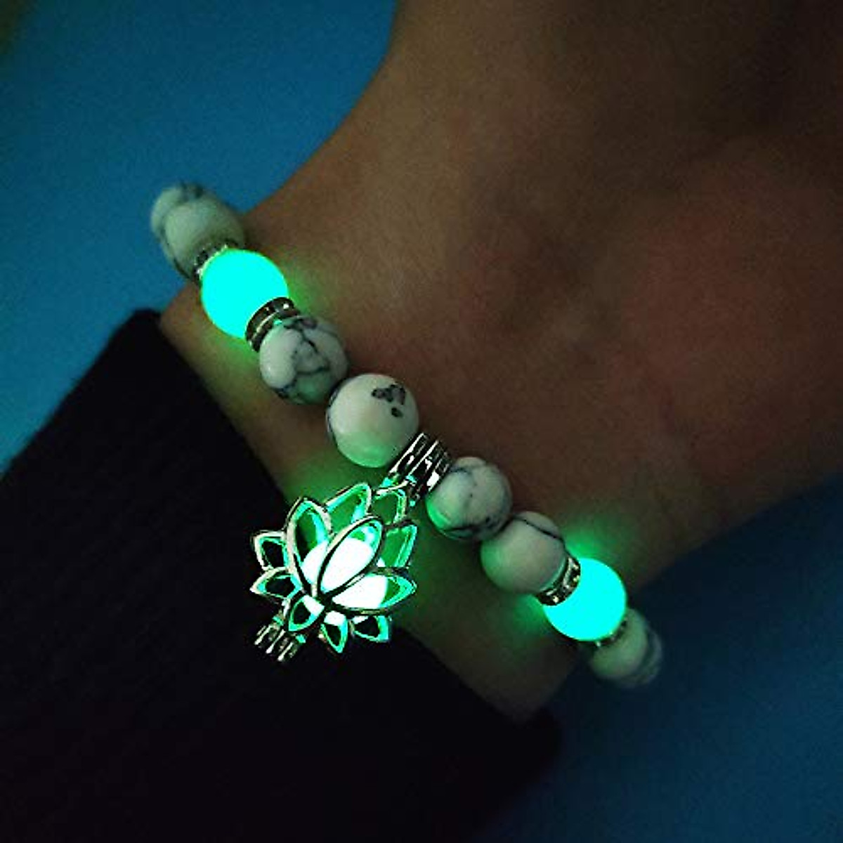 Luminous Glowing in the Dark Moon Lotus Flower Shaped Charm Bracelet for Women Natural Turquoise Stones Yoga Prayer Jewelry
