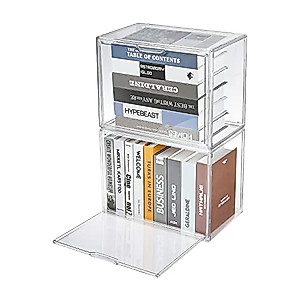 FABROK 2Pcs Clear Book Storage Organizer Box, Plastic Stackable Book Display Case with Magnetic Door, Assemble Storage Showcase for Toy Dolls, Books, Shoes Organizing