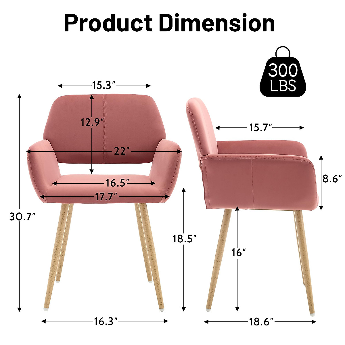 KCC Small Modern Dining Room Arm Chairs 1 Piece, Mid-Century Upholstered Velvet Side Seat Club Guest with Metal Tube Legs for Kitchen, Living Room, Rose