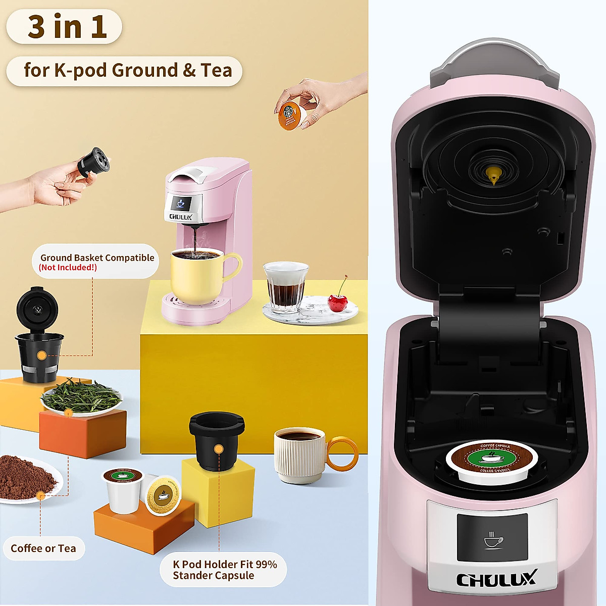 CHULUX Upgrade Single Serve Coffee Maker for K Cup & Ground Coffee, Pink Mini Single Cup Coffee Machine with One Touch Function, Fast Brewing in Minutes