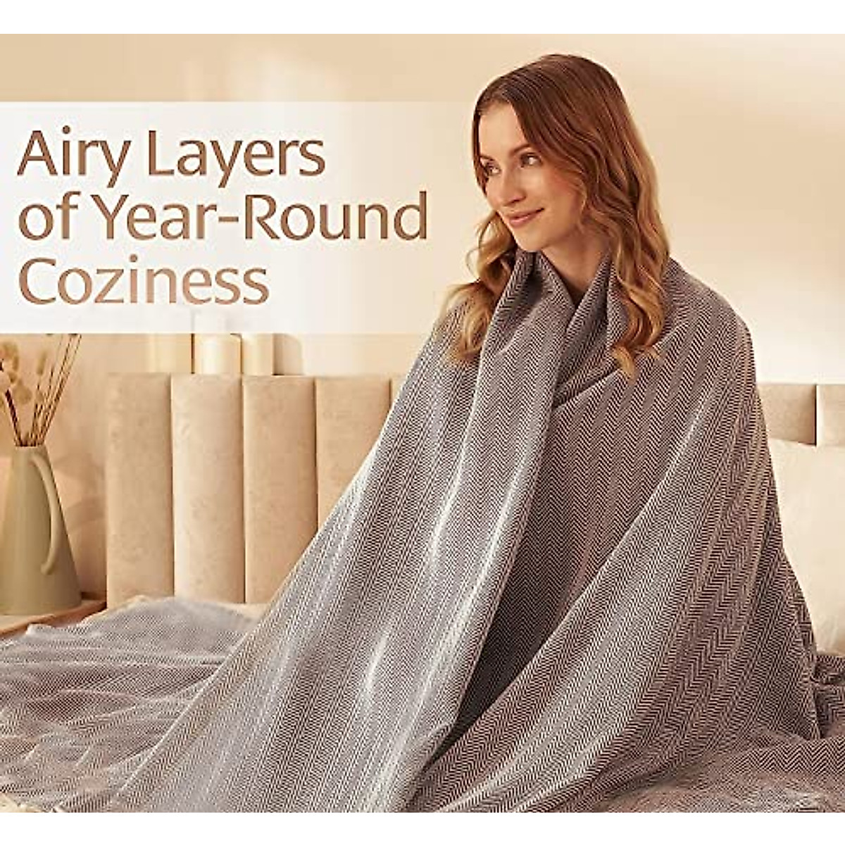 CURATED & COZY Herringbone Wool Throw Blanket, Ultra Soft Wool Throw Blanket for Couch, Sofa & Bed, Made with 100% Inner Mongolian Wool, Herringbone Pattern - 53" X 69" (Grey)