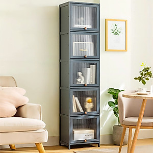 IOTXY Small Narrow Shelf Bookcase - 5-Tier Bamboo Corner Bookshelf with Moru Acrylic Doors, Freestanding Tall Skinny Storage Organizer Rack, for Living Room, Kitchen, Bedroom, Gray, 15.7" W