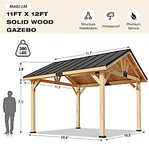 Small Wood pergola,11x12 FT Solid Wood Gazebo with Waterproof Asphalt Roof, Outdoor Permanent Hardtop Gazebo Canopy for Patio, Garden, Backyard(11x12FT Style2)