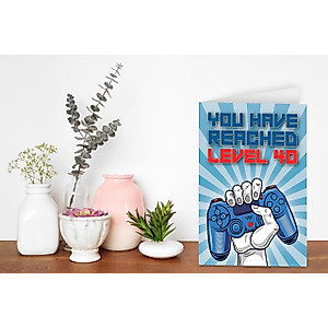 40th Birthday Card, You Have Reached Level 40, Greeting Card for Forty Year Old Gamer Birthday Gift for Adult Son or Daughter, For Him Her Mom Dad, Blue