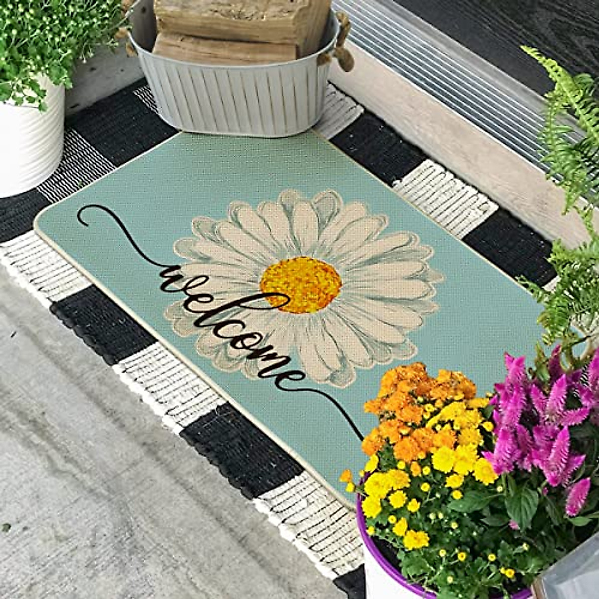 Artoid Mode Blue Daisy Welcome Decorative Doormat, Seasonal Low-Profile Rug Switch Mat for Indoor Outdoor 17x29 Inch
