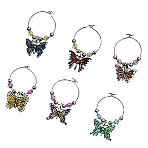 6pcs Wine Glass Charms Butterfly Sterling Glass Wine Pendant Ring Charms Table Decor