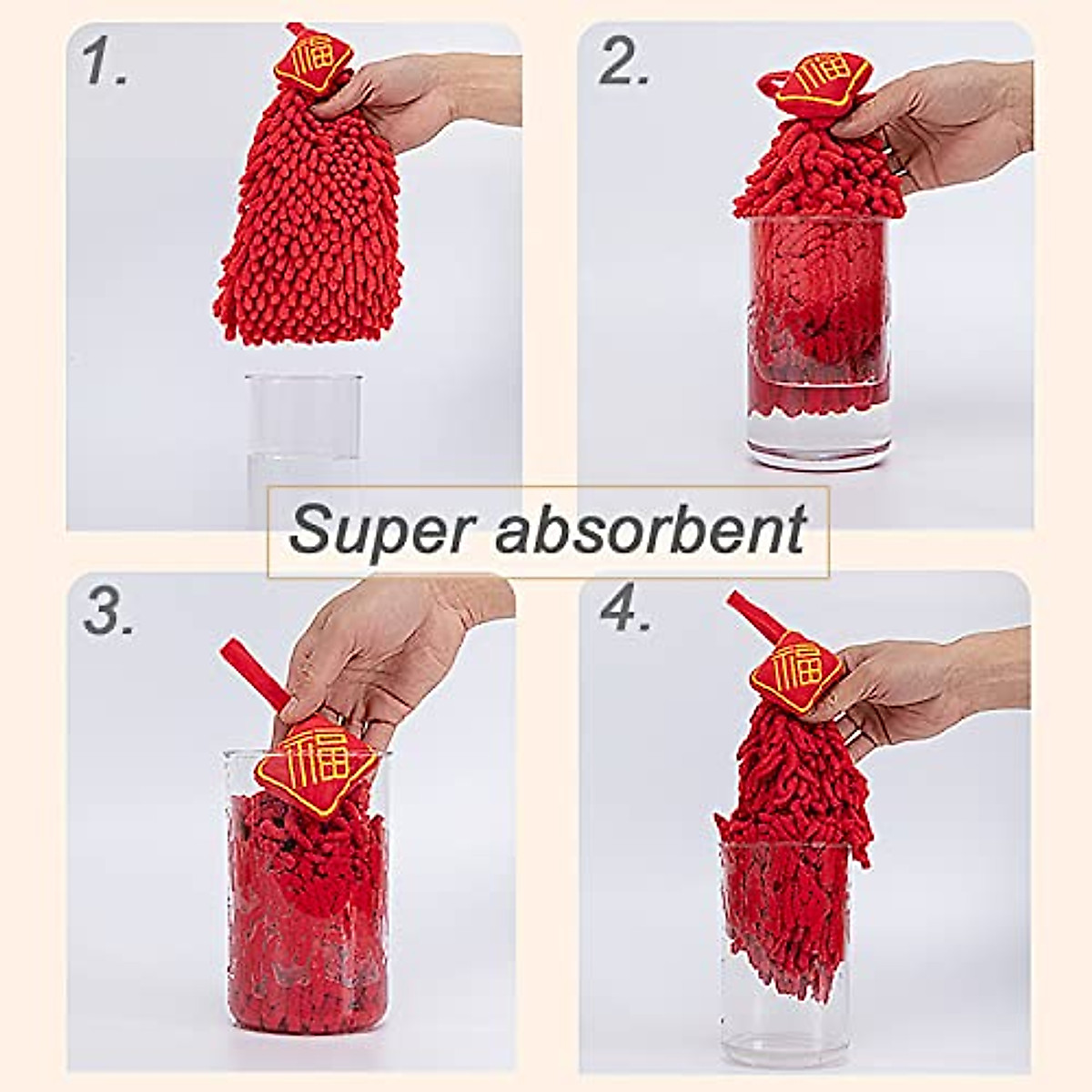 3 Pack Chenille Hanging Hand Towels Soft Absorbent Microfiber Hand Towels Plush Quick-Drying Cute Cartoon Chinese Red Hand Towel with Hanging Loops for Bathroom Kitchen(Lion+Koi+Blessing)