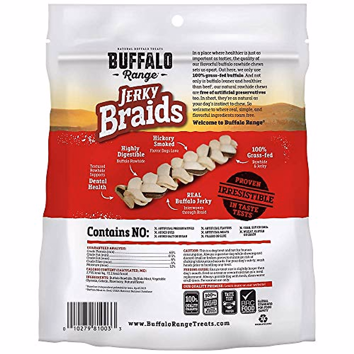 Buffalo Range Rawhide Dog Treats | Healthy, Grass-Fed Buffalo Jerky Raw Hide Chews | Hickory Smoked Flavor | Jerky Braids, 10 Count