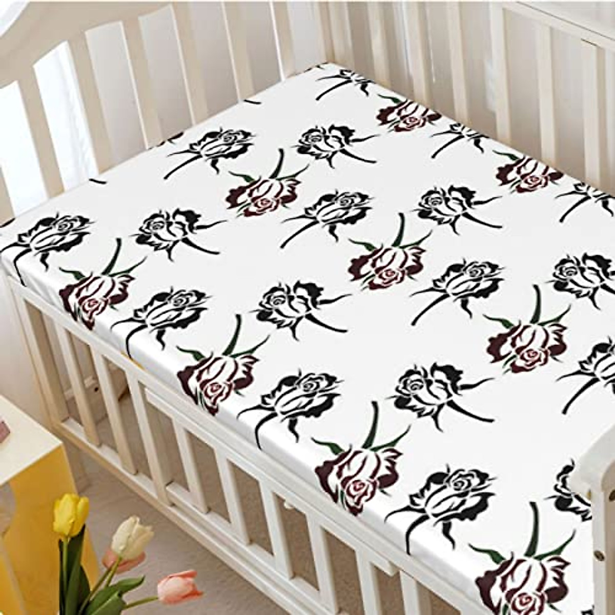 Roses Themed Fitted Crib Sheet,Standard Crib Mattress Fitted Sheet Ultra Soft Material-Baby Crib Sheets for Girl or Boy,28“ x52“,Dark Fuchsia Dark Green Charcoal Grey White