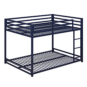 DHP Miles Low Metal Bunk Bed Frame for Kids, With Built-in Ladder, High Guardrail and Metal Slats, Floor Bed Bottom Bunk, No Boxspring Required, For Small Spaces, Full-Over-Full, Blue
