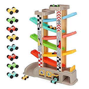 Aomola Montessori Toys for 3 4 5 Year Old Boys Toddlers, Car Ramp Toys with 8 Mini Cars, Parking Lot & Gas Station, Ramp Racer Toy Gift for Boys Girls Age 3-5