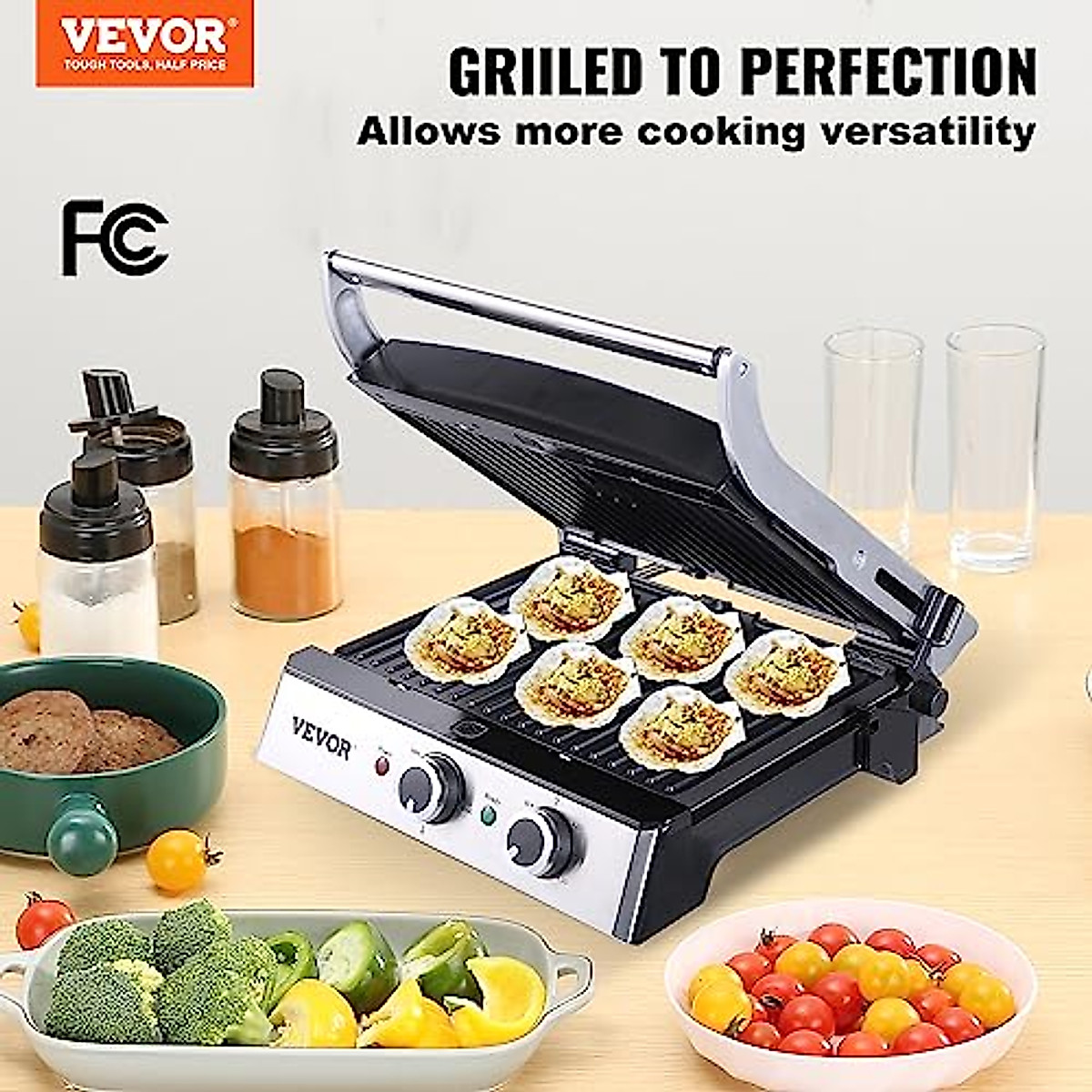 VEVOR Electric Contact Grills, 1500W Indoor Countertop Panini Press Griddle, Sandwich Maker with Non Stick,2 Reversible Iron Cooking Plates,0-446℉ Adjustable Temperature Control,Timer Function,120V