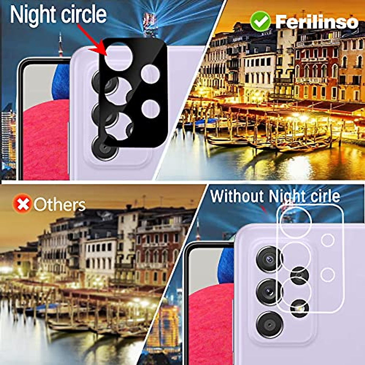 Ferilinso [5 Pack 3 Pack Screen Protector + 2 Pack Camera Lens Protector for Samsung Galaxy A52 4G&5G/ A52s 5G [HD] [Tempered-Glass] [Case Friendly] [Anti-Fingerprint] [Easy Installation]