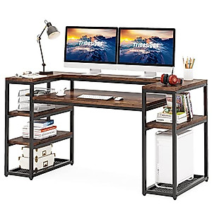 Tribesigns 63 Inches Computer Desk with Open Storage Shelves, Large Office Desk with Monitor Shelf & CPU Stand, Study Writing Table Workstation with Printer Stand for Home Office(Brown)