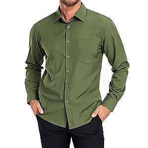 Men's Casual Button-Down Shirt Long Sleeve Regular Fit Dress Clothes Collared Plain Green XL Camisa De Hombre De Vestir