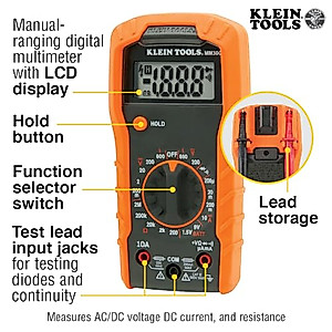 Klein Tools MM300 Multimeter, Digital Manual-Ranging Voltmeter, Tests Batteries, AC/DC, Current, Resistance, Diodes, and Continuity, 600V