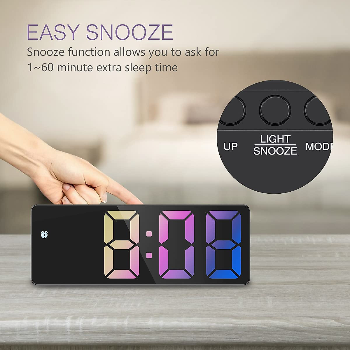 ORIA Digital Alarm Clock, 6.5'' LED Alarm Clock, Bedroom Alarm Clock with Snooze, 3 Adjustable Brightness, Temperature Display, Voice Control, for Bedroom, Home, Office