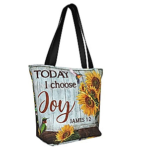 Aesthetic Tote Bag for Women, Lovely Sunflower Hummingbird Today I Choose Joy Shoulder Handbag, Inspirational Shopping Bags for Work Travel Business Beach School