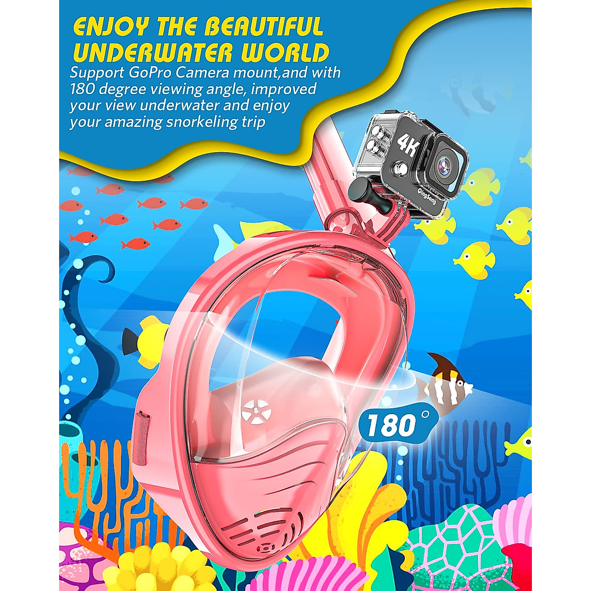 QingSong Kids Snorkel Mask Full Face, Snorkeling Set with Camera Mount, 180 Degree Panoramic View Snorkeling Gear Anti-Fog Anti-Leak