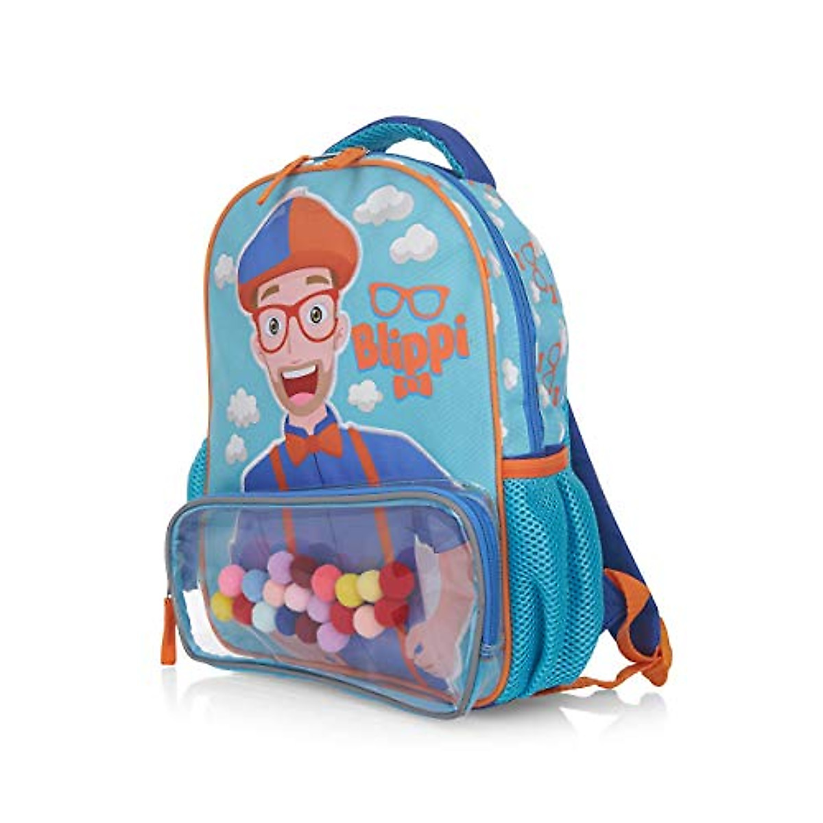Blippi Backpack with Sound for Boys and Girls, Clear Front Pocket and Mesh Side Pockets, Toddler’s Schoolbag with Padded Back and Adjustable Straps, Versatile Day Pack for Kids, Blue and Orange