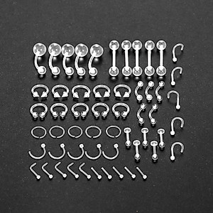 Oveta 55pcs Clear Piercing Retainers Flexible Bioflex 14G 16G 20G Navel Belly Button Ring Lip Labret Eyebrow Tongue Barbells Cartilage Tragus Earrings Retainer