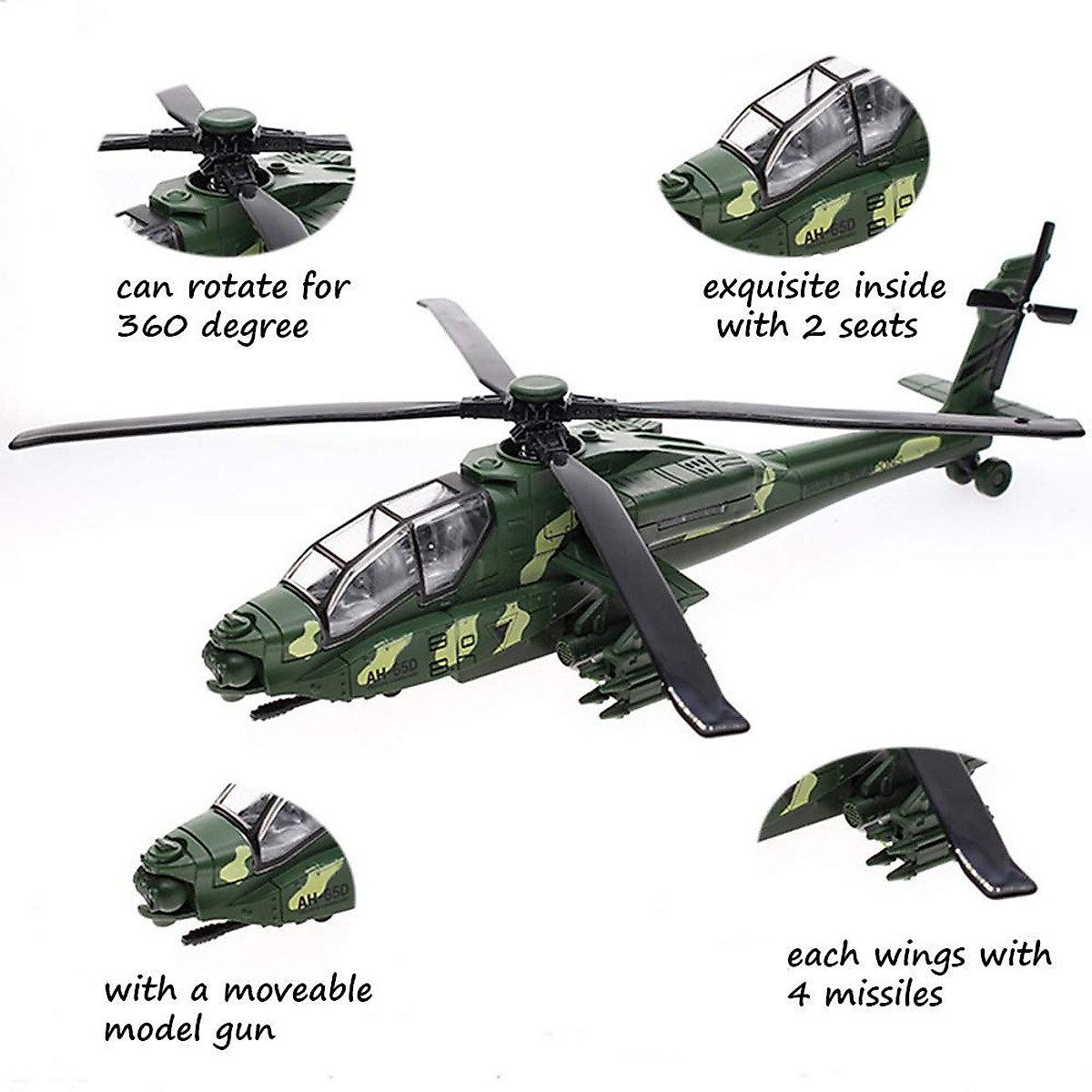 CORPER TOYS Army Helicopter Toy Diecast Military Attack Plane with Lights and Sounds Pullback Vehicles for Kids Boys Bonus with 2 Army Soldiers