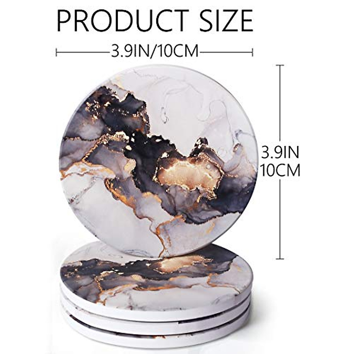 RoomTalks Black and Gold Marble Coasters for Drinks Absorbent 4 PCS Abstract Cool Alcohol Ink Ceramic Coaster Set Cork Back Modern Art Cup Coasters for Wooden/Coffee Table (Black, 4 Pieces)