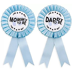 HAPPYLAND - Mom to Be & Daddy to Be Tinplate Badge Pin for Welcome Baby Boy or Girl, Baby Shower Button New Dad Gift Gender Reveals Party Baby Blue Rosette Button Baby Celebration Mom Gifts (New