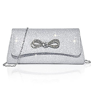 Labair Womens Evening Bag Sparkly Bow Clutch Purses for Women Wedding Prom Formal purses Handbags. (Silver)
