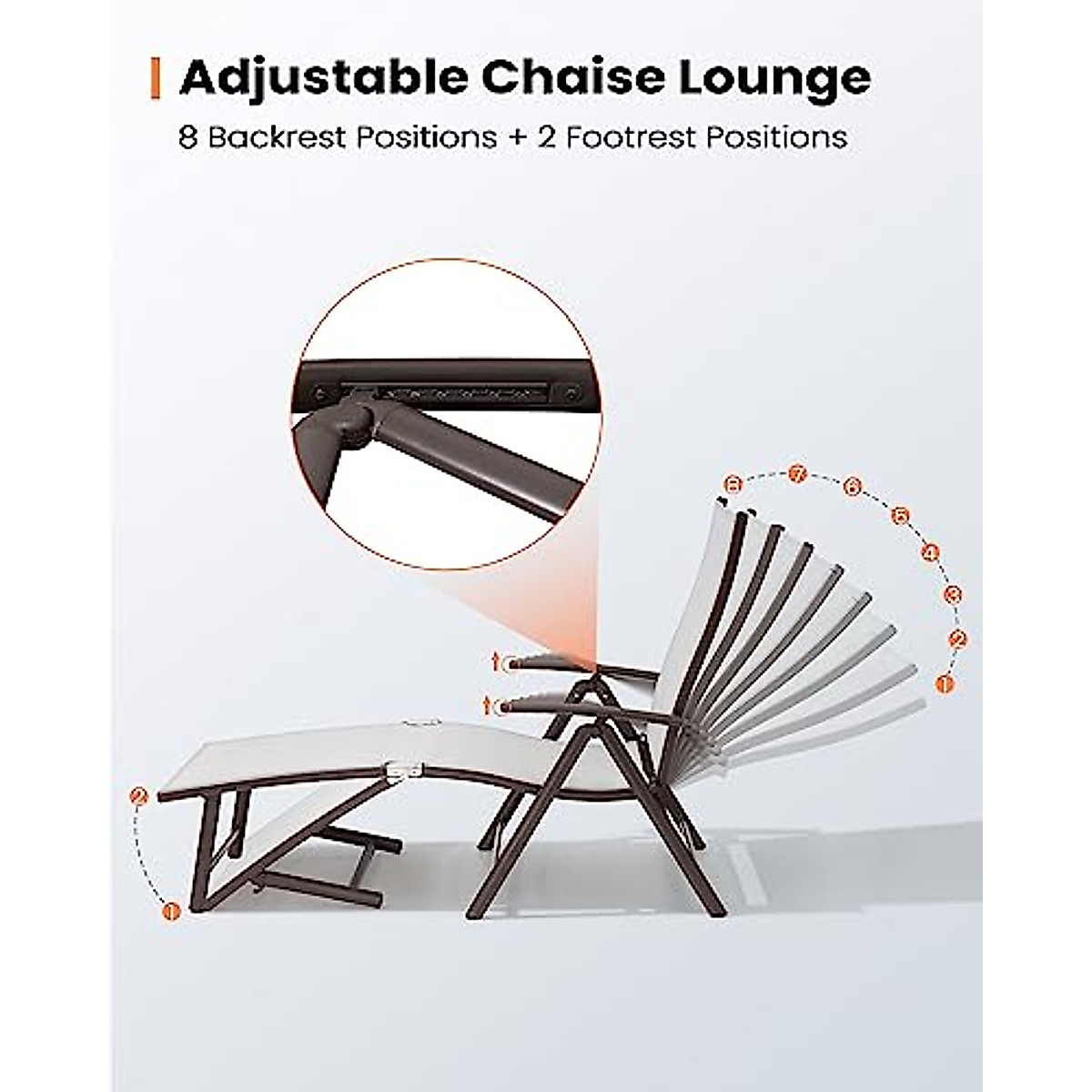 Pellebant Aluminum Patio Chaise Lounge Chair, Adjustable Chair for Outside with 8 Backrest Positions, Brown Frame, Folding Outdoor Recliners All Weather for Beach, Pool and Yard, Light Grey