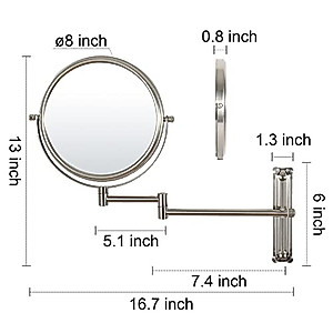 10 times magnification makeup mirror, wall-mounted makeup mirror can be moved up and down 8-inch bathroom double-sided mirror 360-degree rotation, 180-degree retractable folding brushed nickel