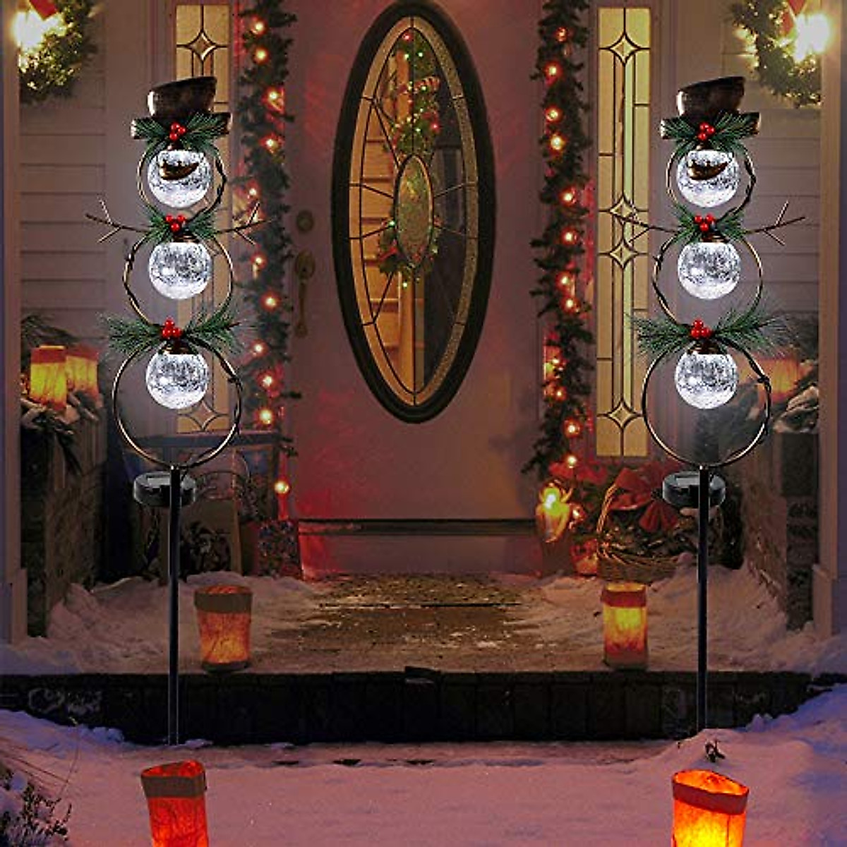 GUOOU Solar Christmas Yard Decorations, Outdoor LED Solar Powered Glass Ball Lights, Xmas Snowman Pathway Lights, Metal Solar Garden Stake Lights, Snowman Christmas Lawn Yard Ornament, Set of 2