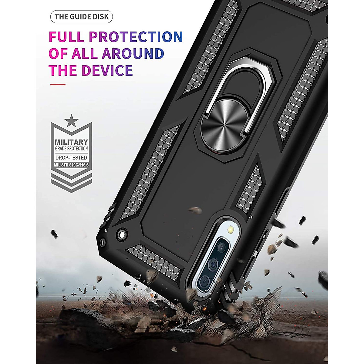 TJS Compatible with Samsung Galaxy A50 2019 Case, with Tempered Glass Screen Protector Metal Ring Magnetic Support Kickstand Heavy Duty Drop Protector Phone Case Cover (Black)