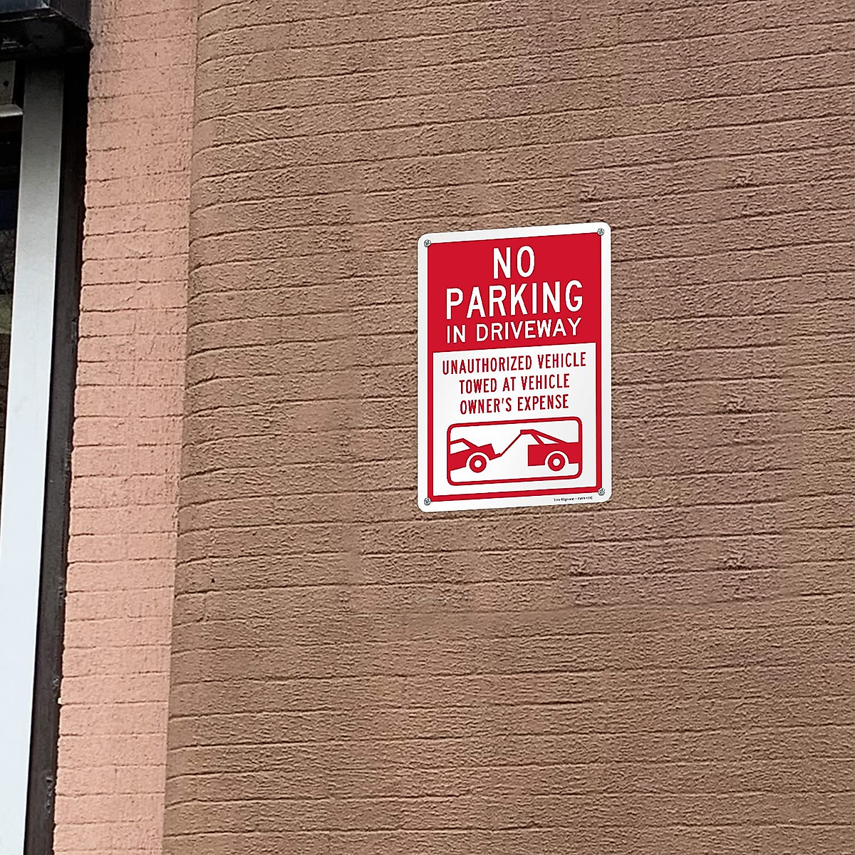 SmartSign 14 x 10 inch “No Parking In Driveway Unauthorized Vehicles Towed” Metal Sign, 40 mil Laminated Rustproof Aluminium, White and Red, Made in USA